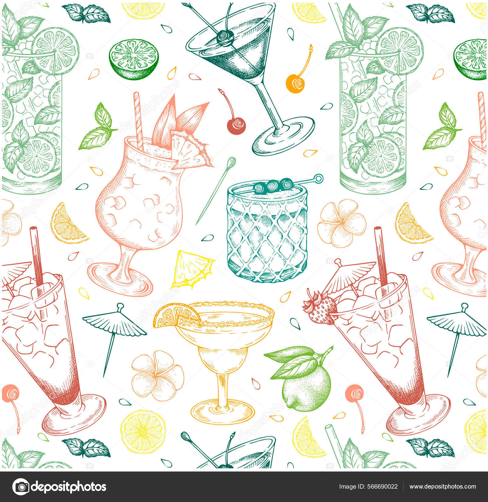 Sketch Hand Drawn Pattern Summer Cocktails Isolated White Background ...