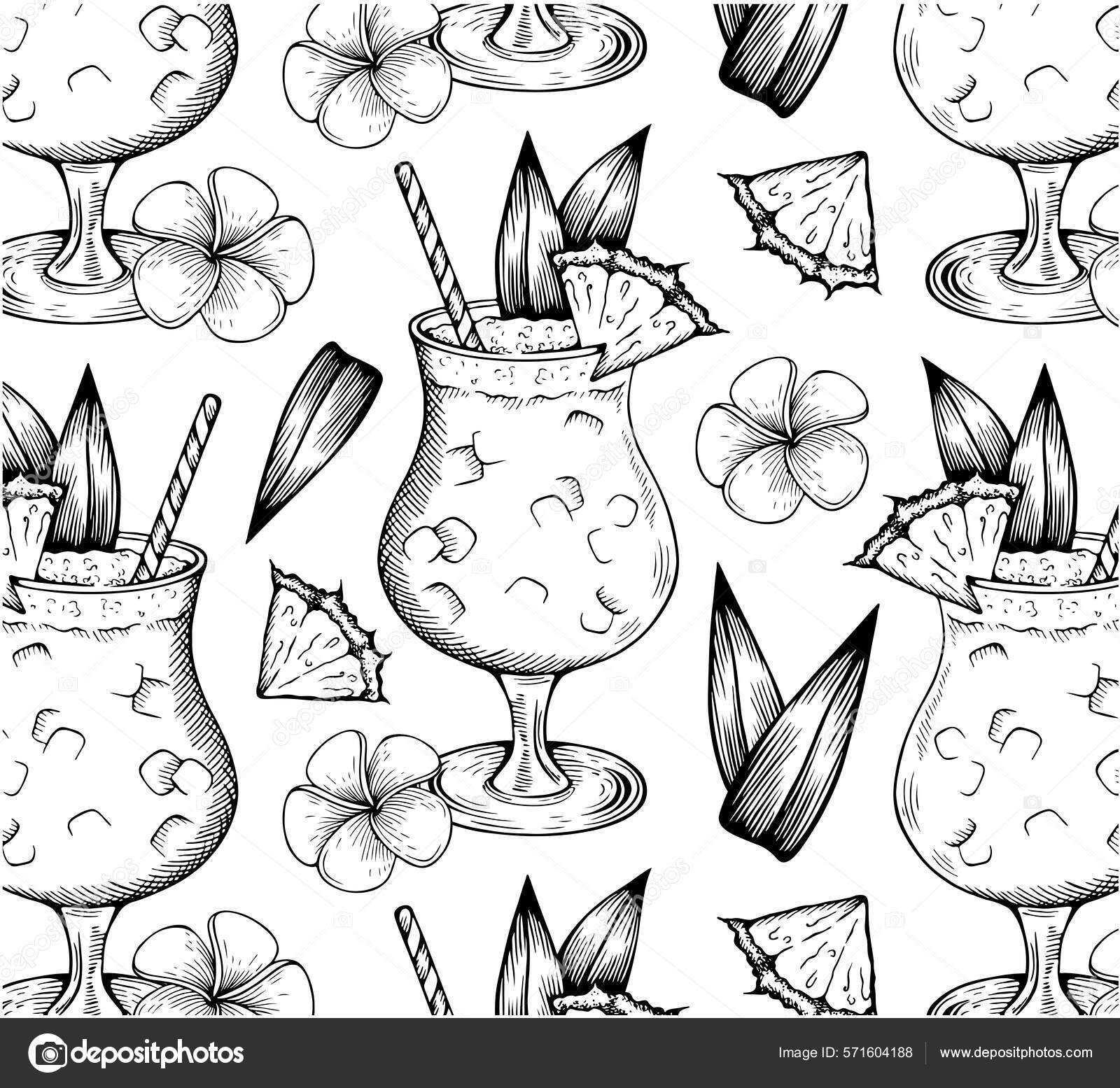 Sketch Drawing Pattern Pina Colada Cocktail White Background Hand Drawn ...