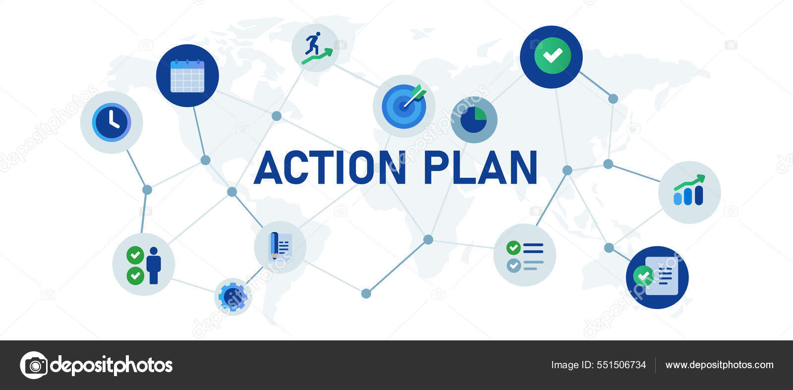 Action plan icon set interconnected business improvement check mark ...