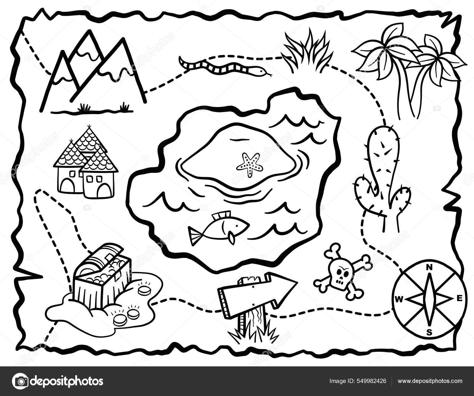 Sebuah Peta Harta Karun Gambar Tangan Dalam Garis Hitam Dan Vektor Stok ...