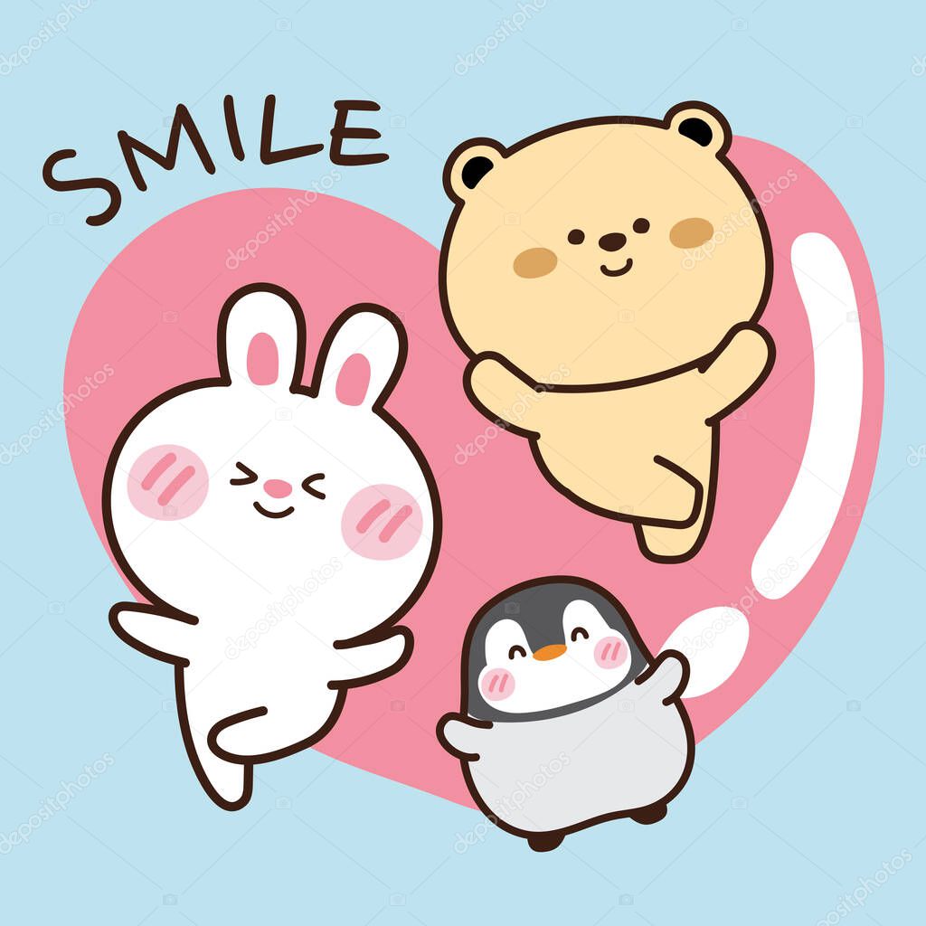 Animales mano dibujada con corazón sobre fondo azul.Smile writing.Cute ...