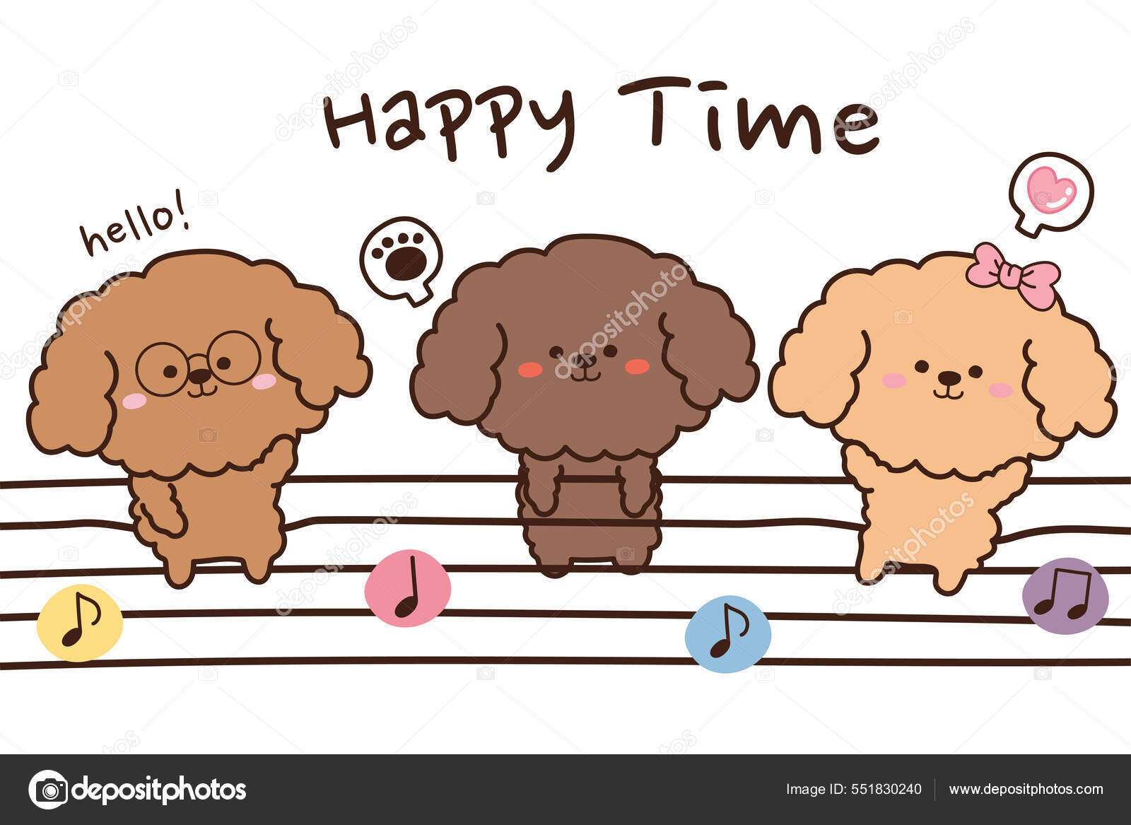 Puppies Musical Note Cartoon Background Cute Dog Hand Drawn Animals ...