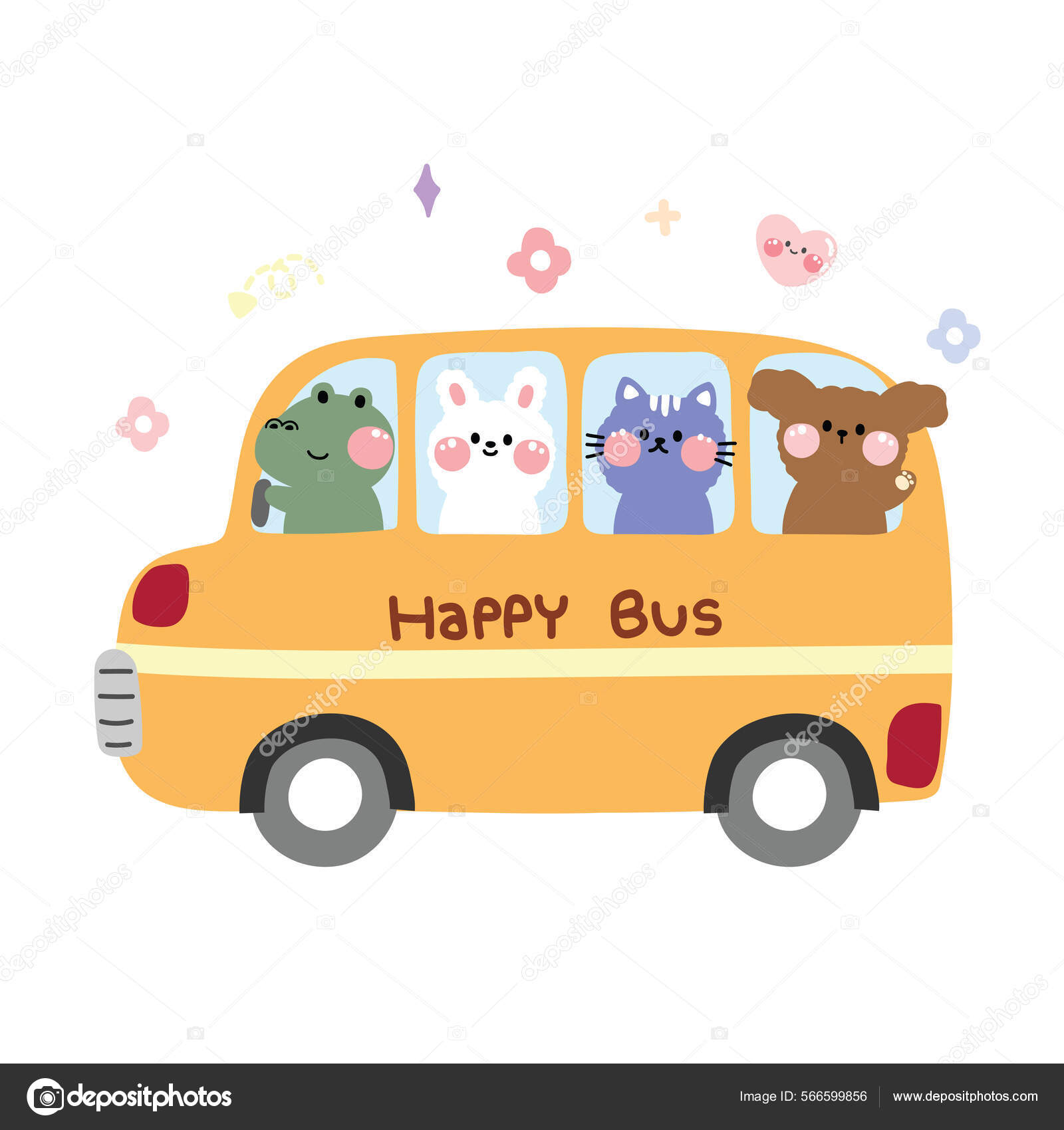 Cute Animals Yellow Bus Crocodile Rabbit Cat Dog Cartoon Hand Stock ...
