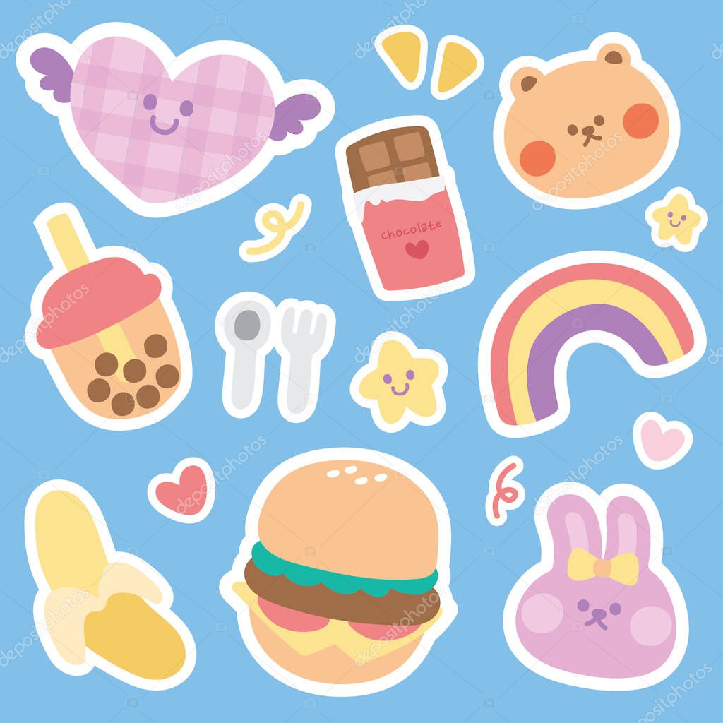 Lindo sticker dibujado a mano cartoon.Animal y alimentos concept.Rabbit ...