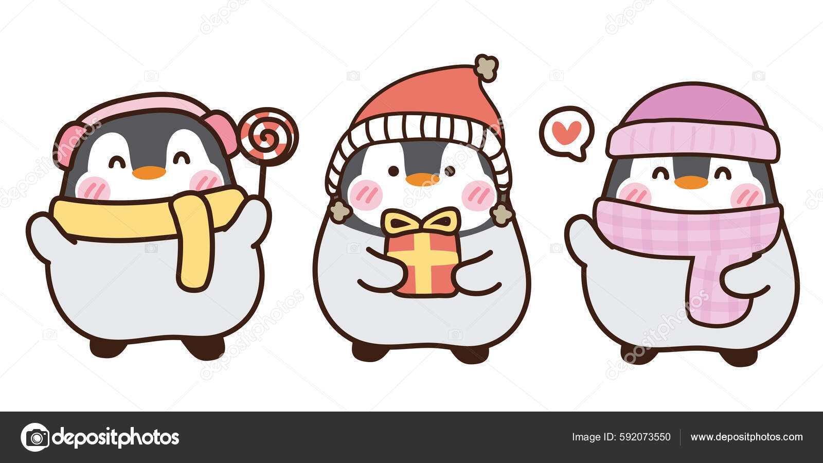 Set Cute Animals Hand Drawn Christmas Concept Penguin Cartoon Kid Stock ...