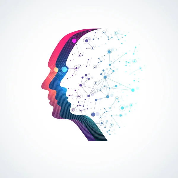 Šablona návrhu loga mozku se spojenými čarami a tečkami. Logo umělé ...