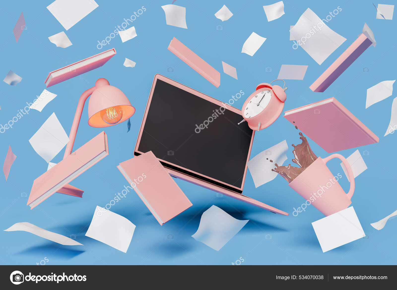 Computer Screen Books Sheets Paper Floating Concept Study Learning ...