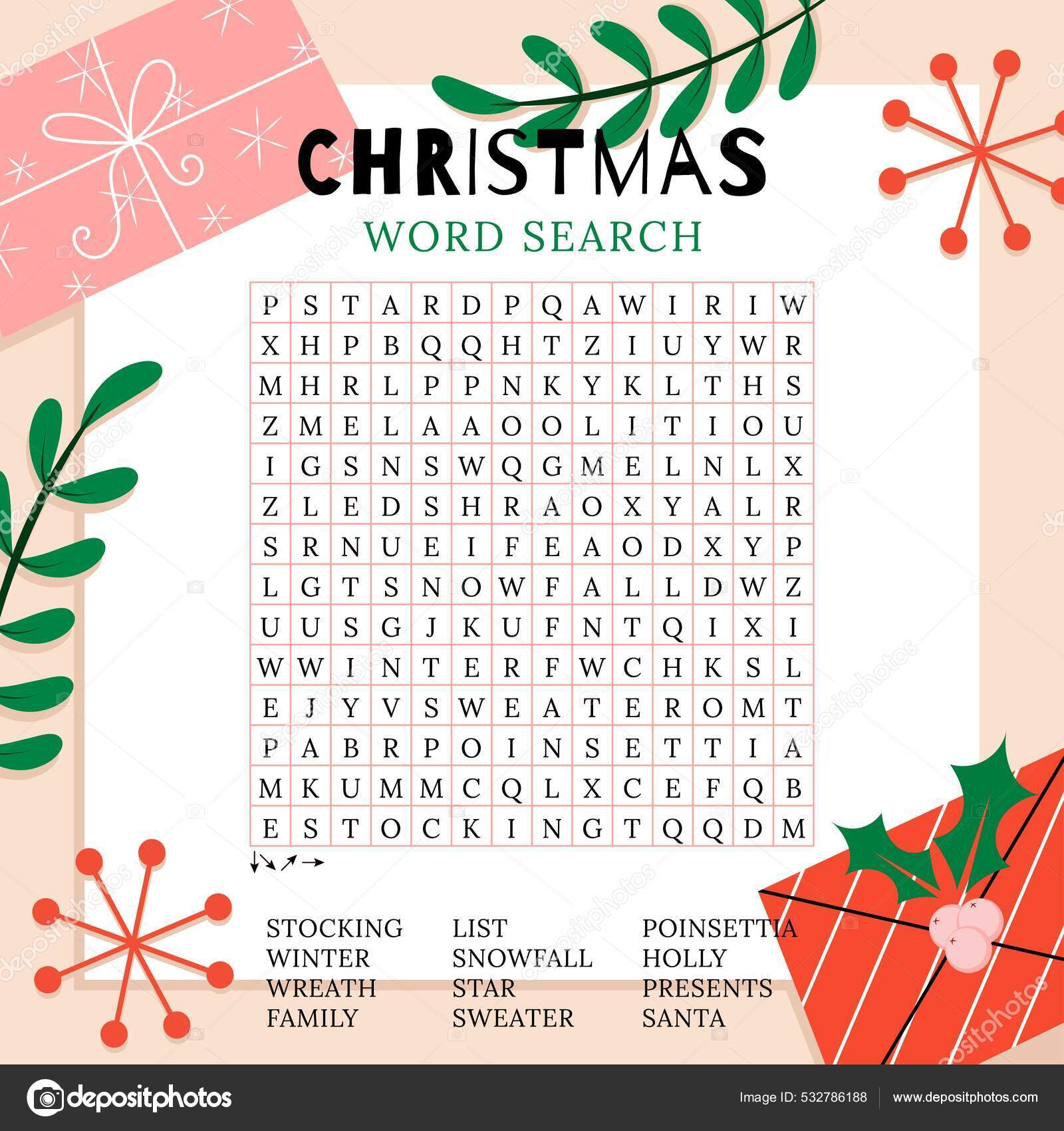 Christmas Word Search Puzzle Holiday Crossword Square Worksheet Fun ...