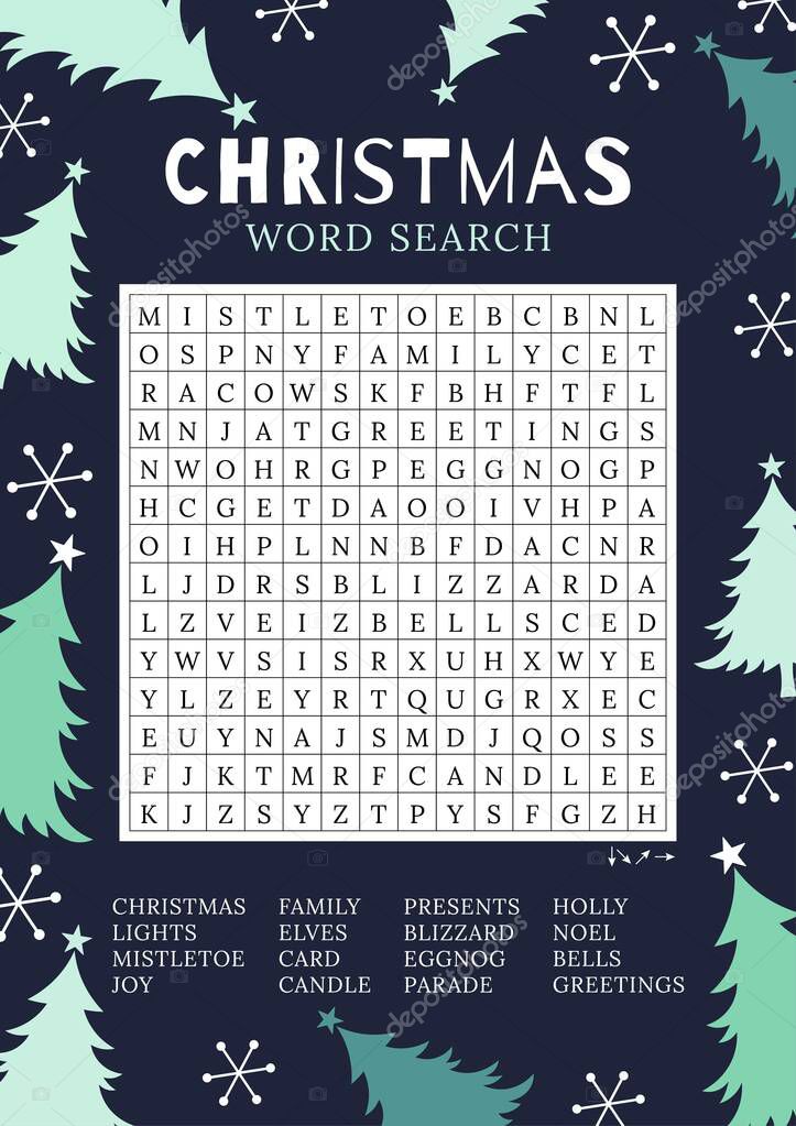 Puzzle de búsqueda de palabras de Navidad. Crucigrama de vacaciones de ...