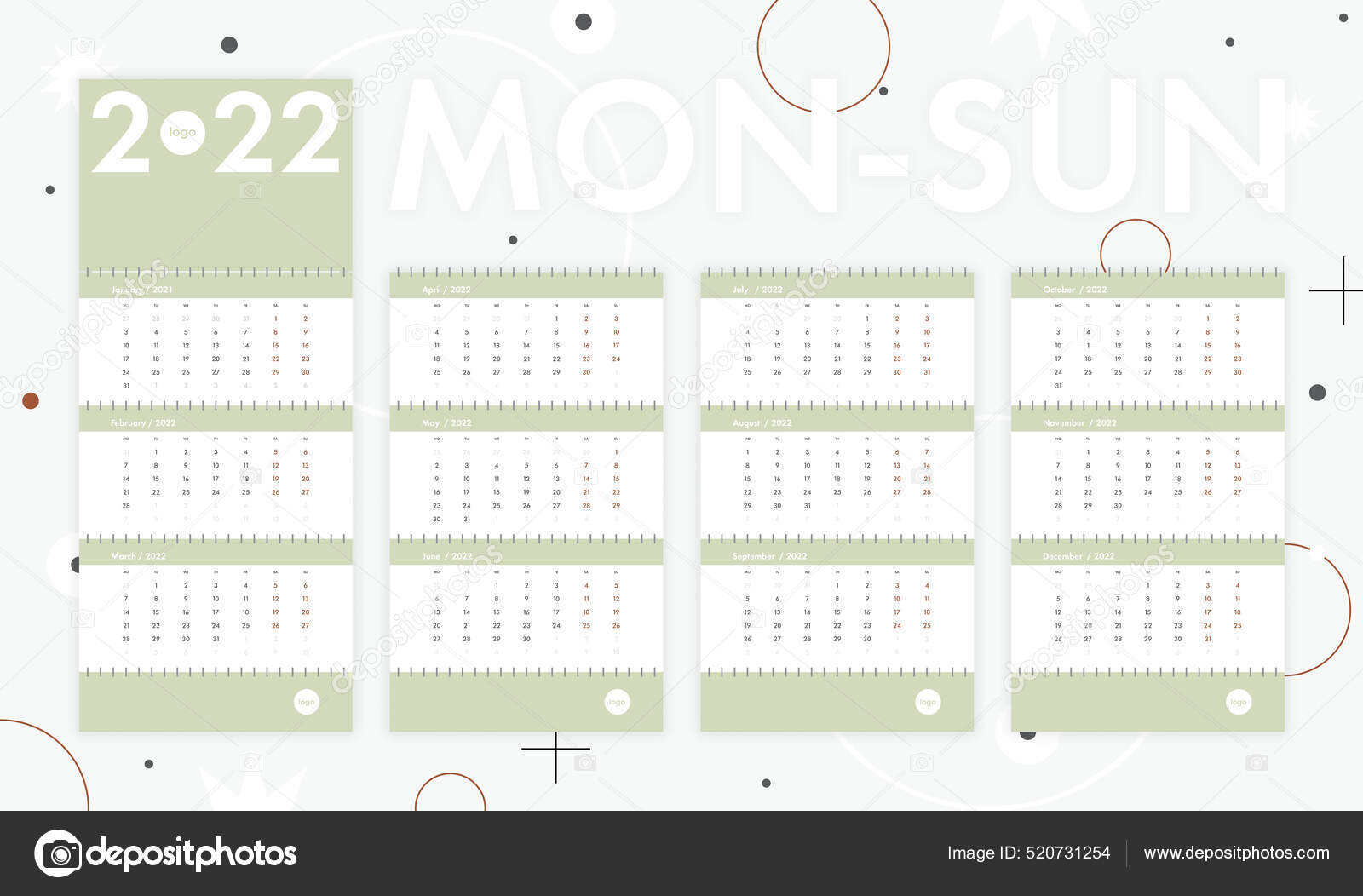 Calendar 2022 monday sunday vector clean simple style mint Stock Vector ...