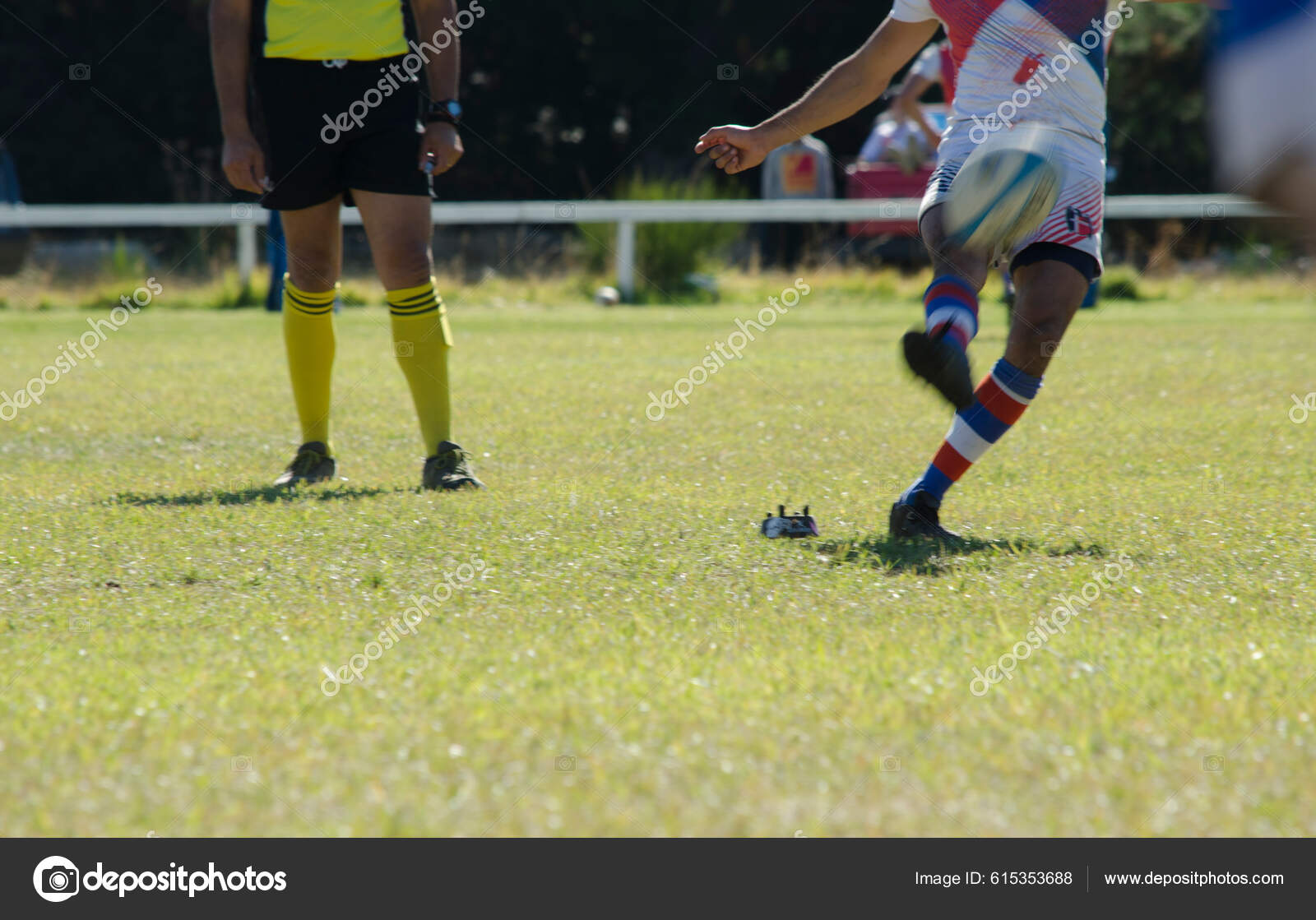 Rugby Player Kicking Ball Referee Next Him — Stock Editorial Photo ...