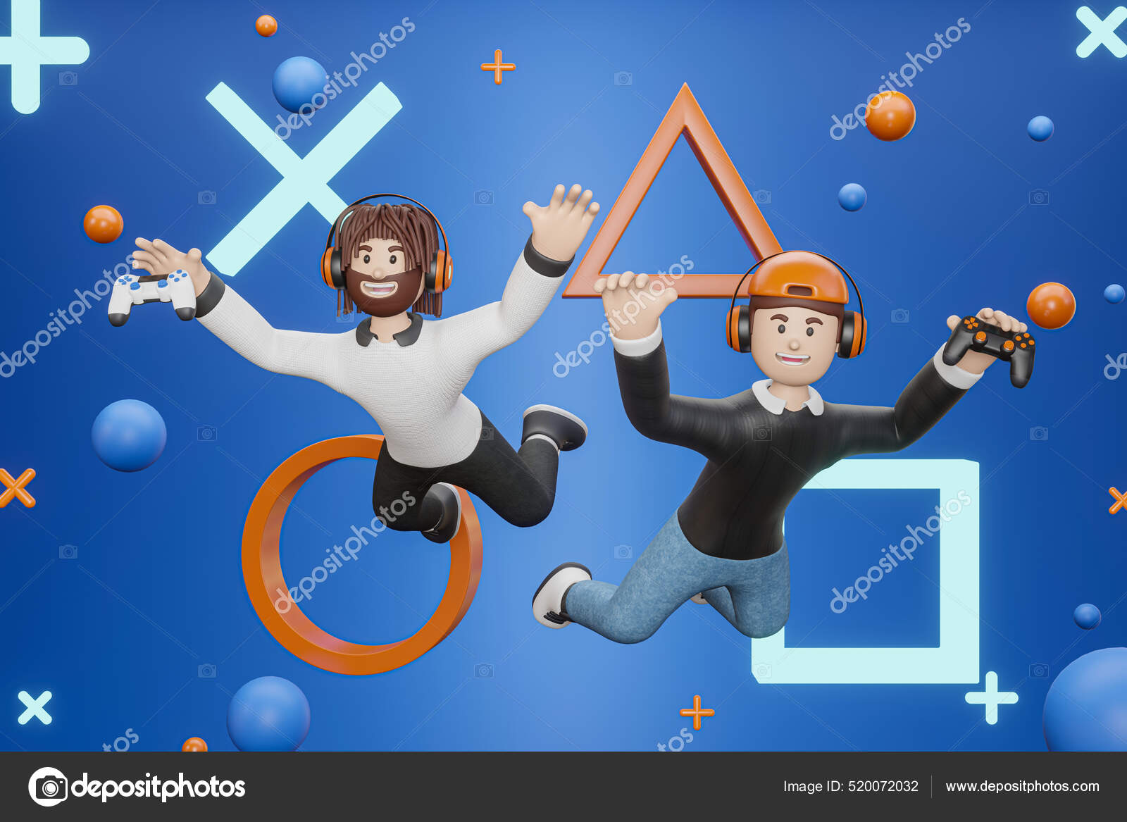 Cartoon Character Two Guys Holding Controller Joystick Air Playing ...