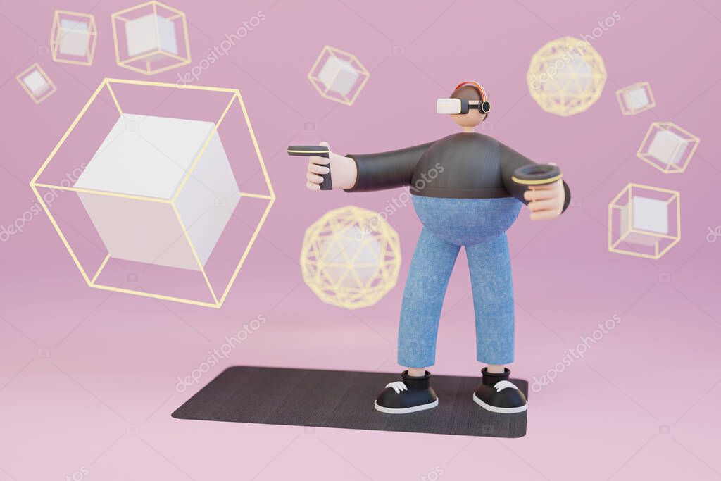 Cargador de dibujos animados 3D Hombre que usa tecnolog a y toca la realidad virtual en casa ...