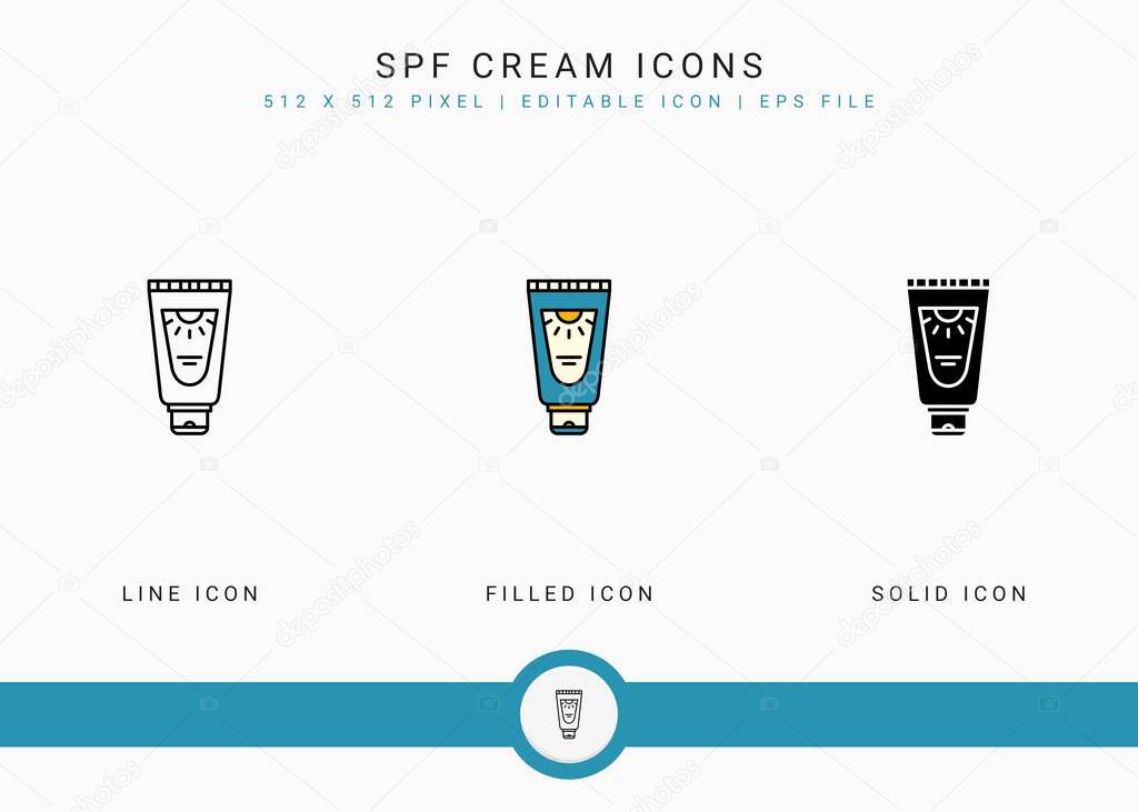Los iconos de SPF Cream establecen una ilustración vectorial con un ...