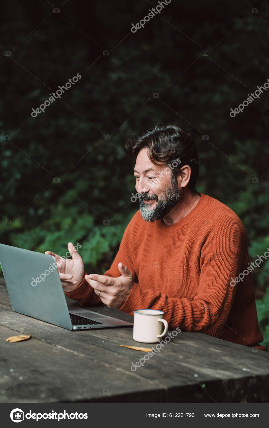 Man Working Laptop Outdoor Workplace Doing Video Call Web Conference ...