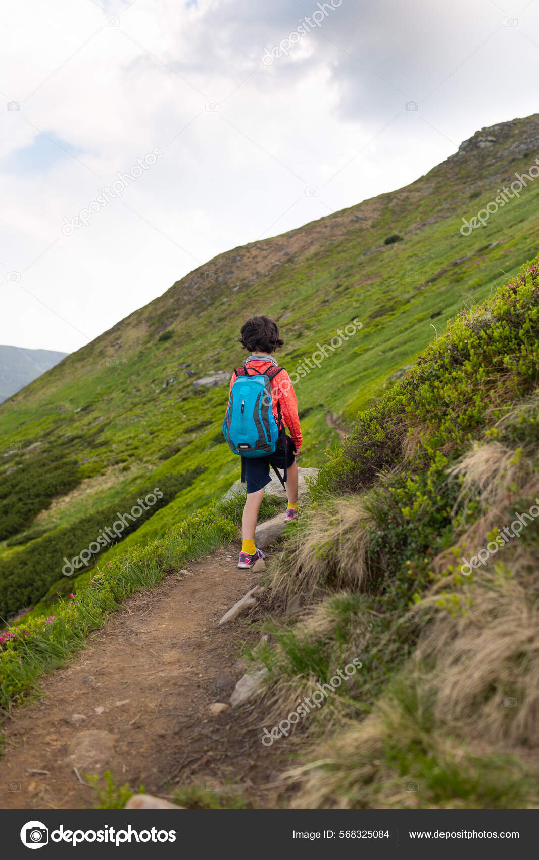 Boy Backpack Walks Mountain Trail Rest Nature Children's Camp Stock ...