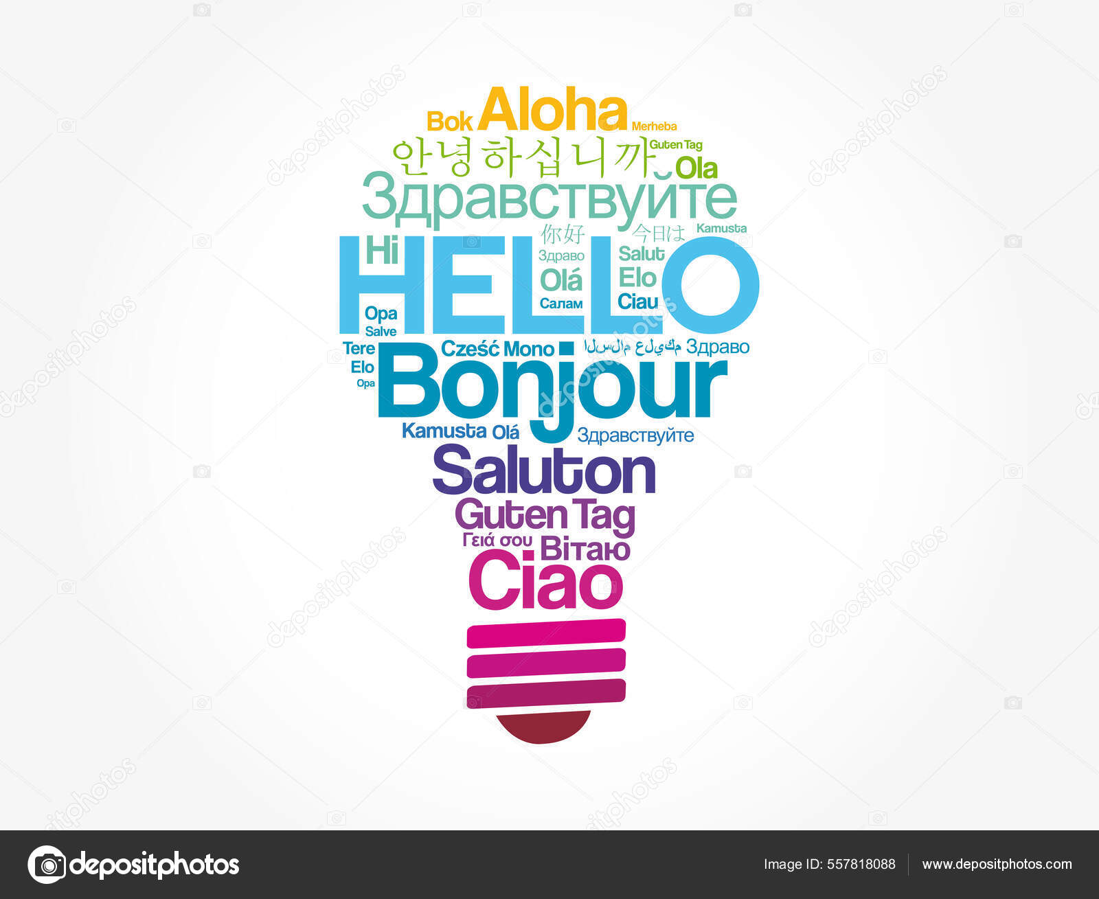 Hello Word Cloud Different Languages World Shape Light Bulb Concept ...