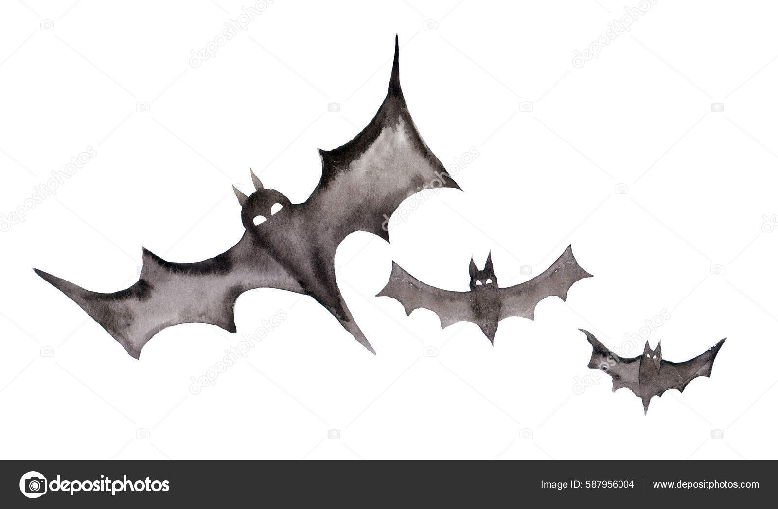 Set Bats Watercolor Stylized Dark Silhouette Hand Drawn Object Isolated ...