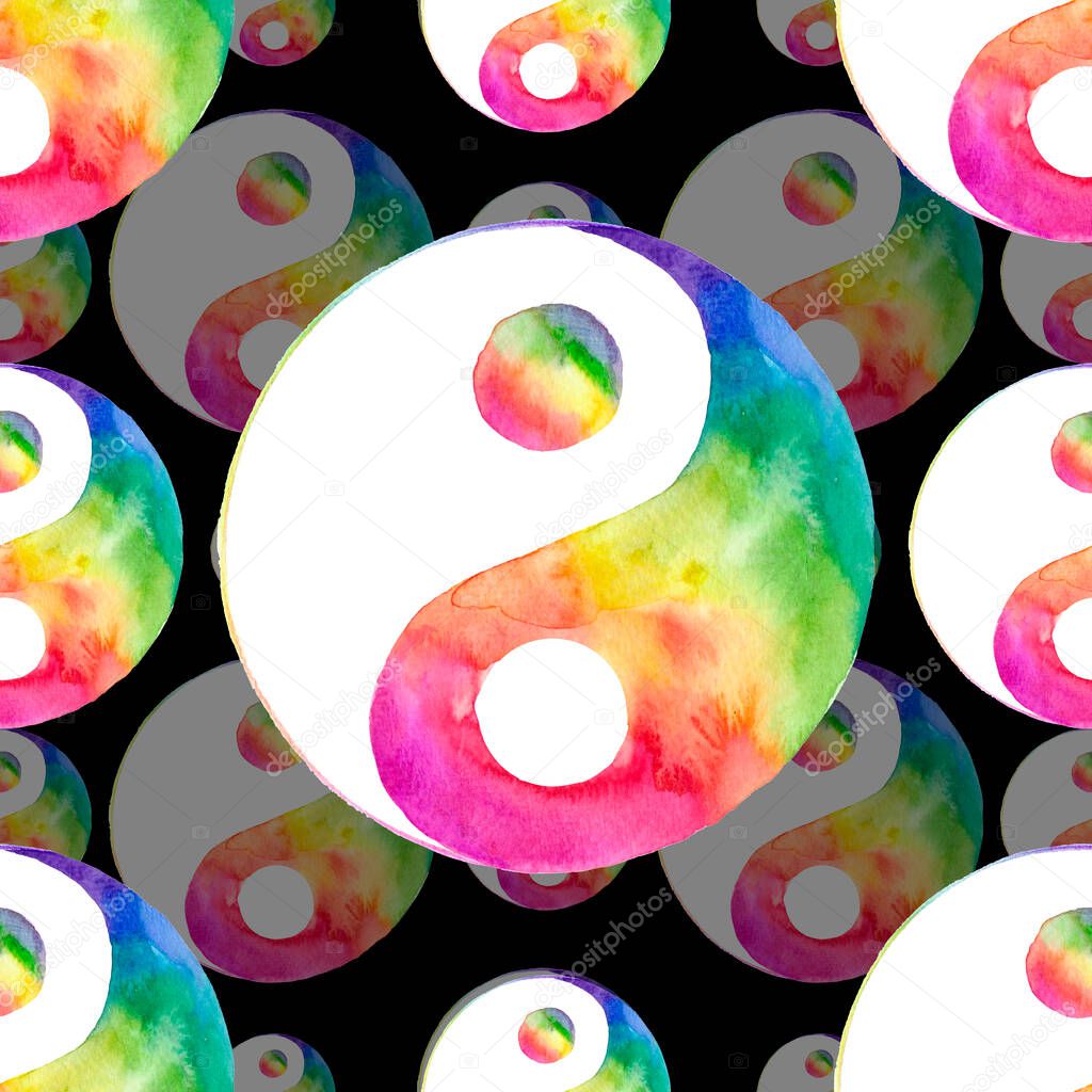 Pixelado colorido medio tono yin yang icono dibujado con tintes de ...