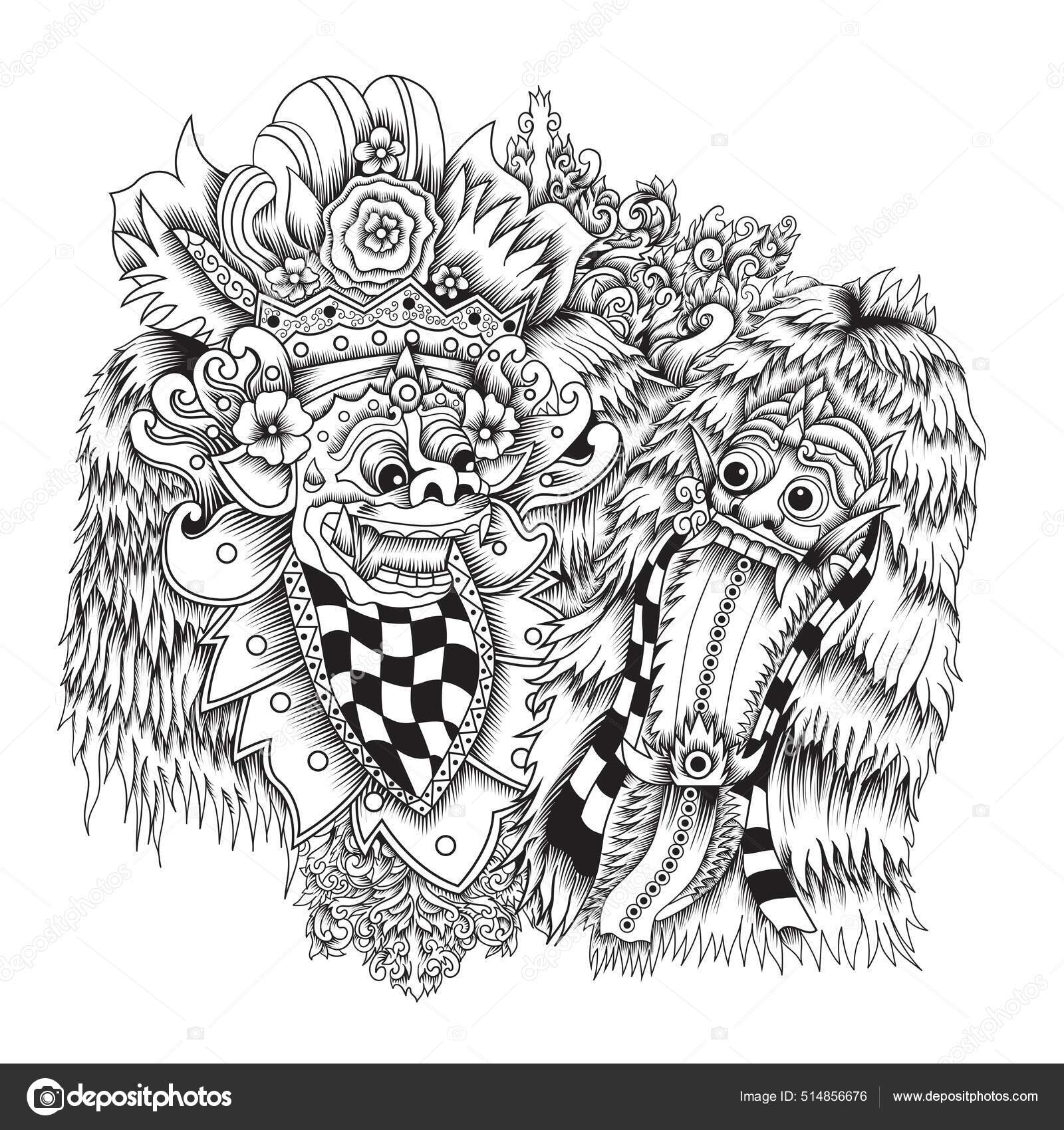 Topeng Barong Rangda Dari Bali Hitam Dan Putih Vektor Stok oleh ...