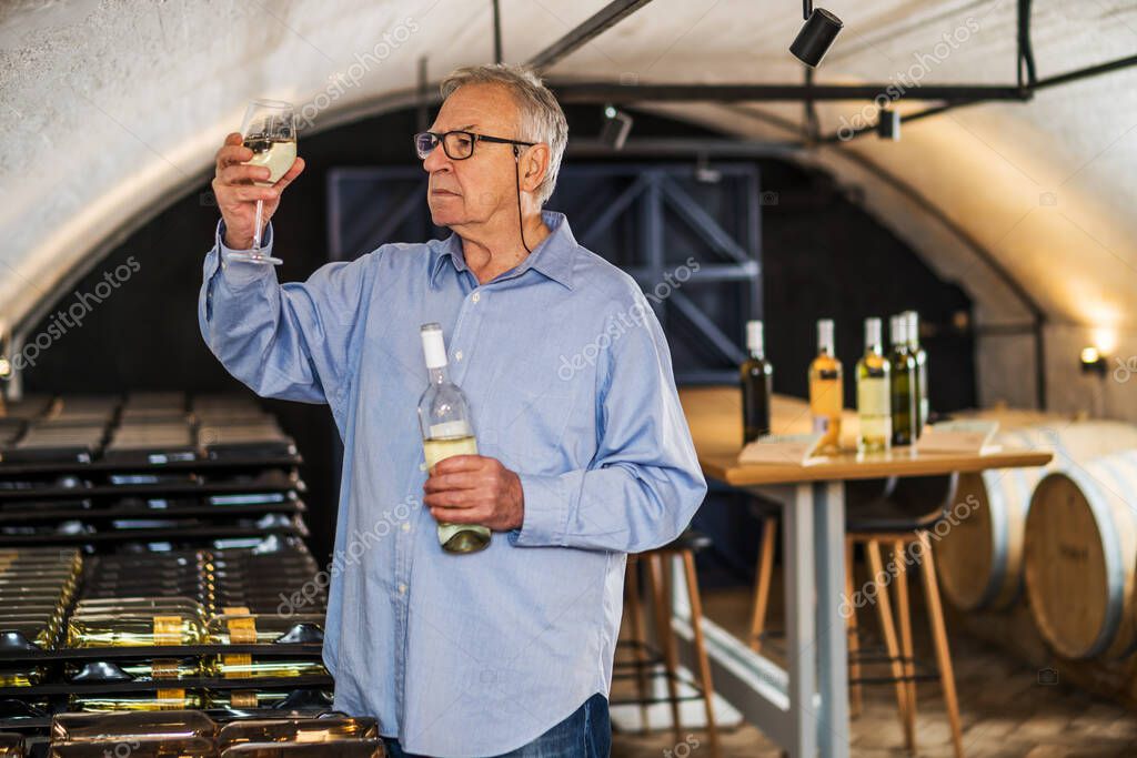 Retrato del hombre mayor que es dueño de la bodega. Está examinando la ...