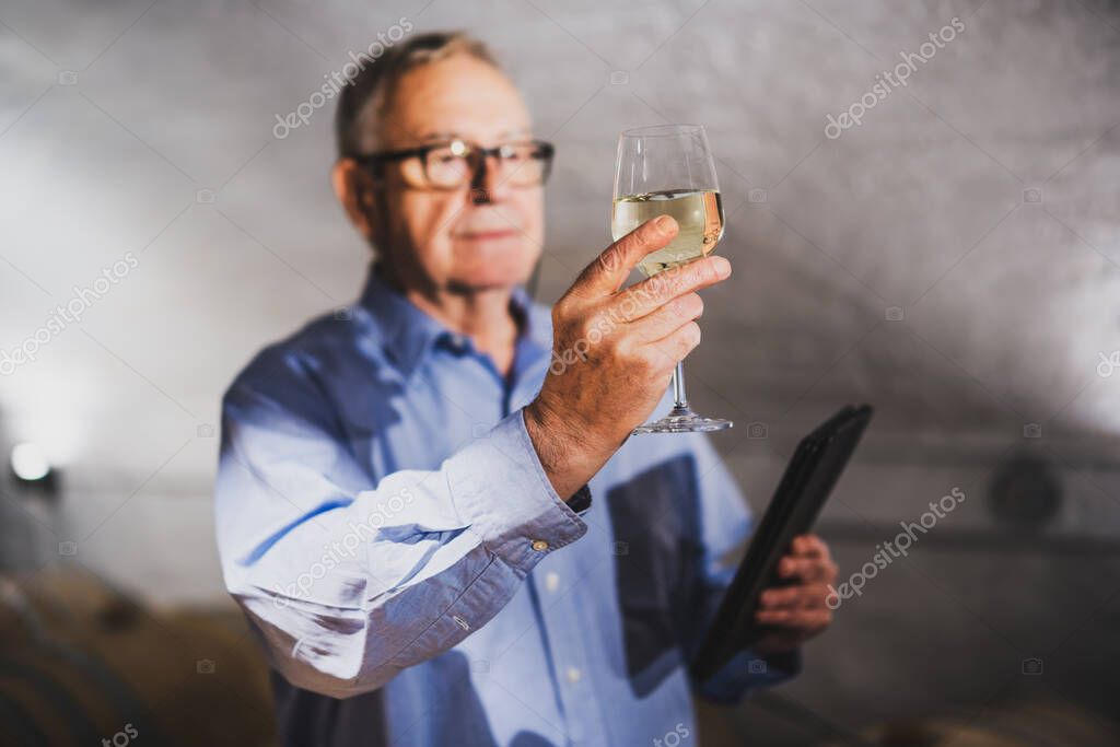 Retrato del hombre mayor que es dueño de la bodega. Está examinando la ...