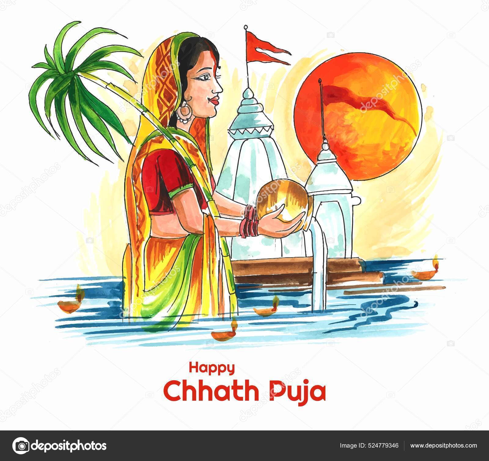 Indian Women Happy Chhath Puja Background Sun Stock Vector Image by ...