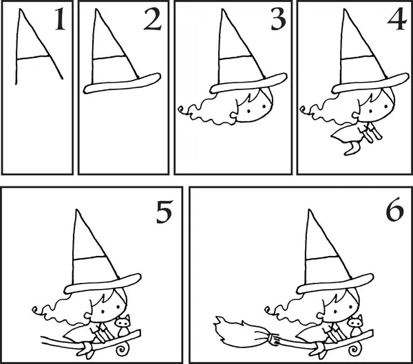 fácil dibujo de dibujos animados bruja paso a paso 2024