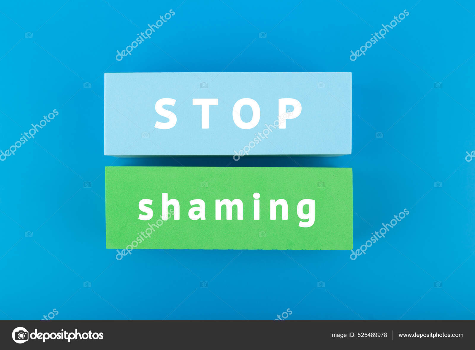 Stop shaming minimal concept. Minimal flat lay with text on blue ...