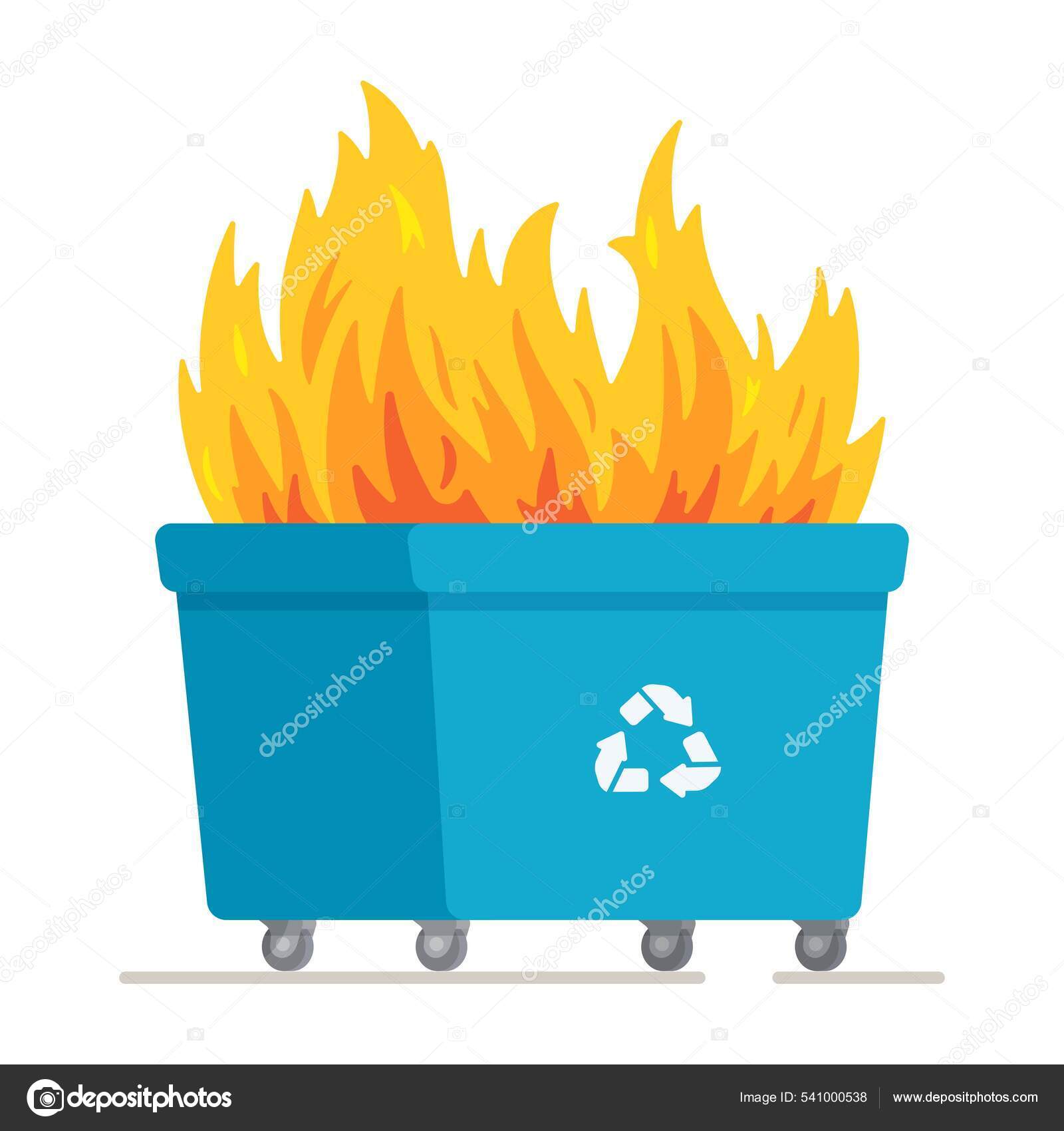 Vector Illustration Bin Fire Large Blue Recycling Bin Fire White Stock ...