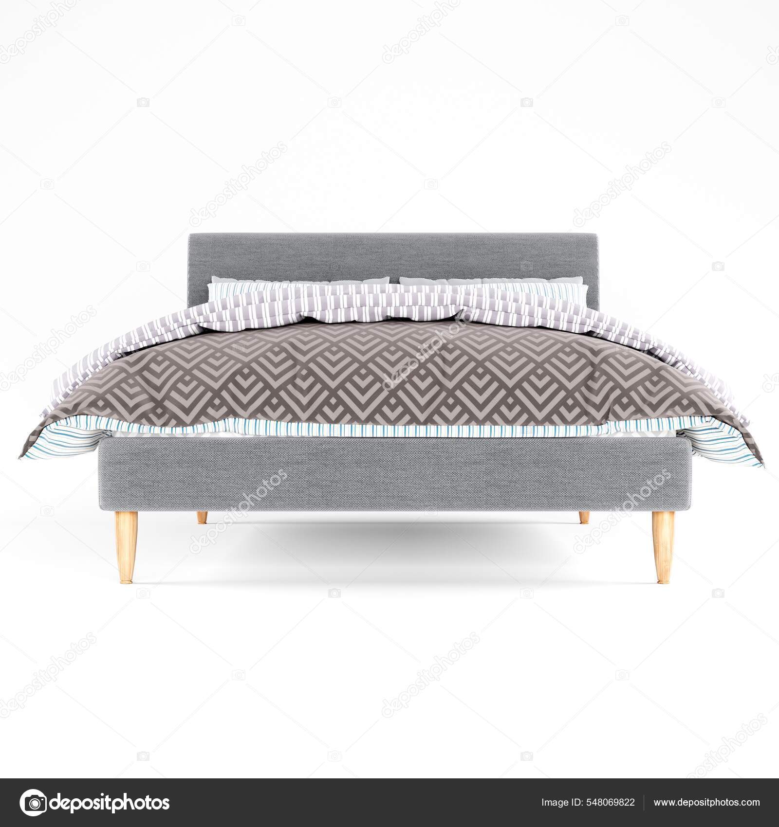 Bed White Background Beautiful Linens Front View Stock Photo by ...