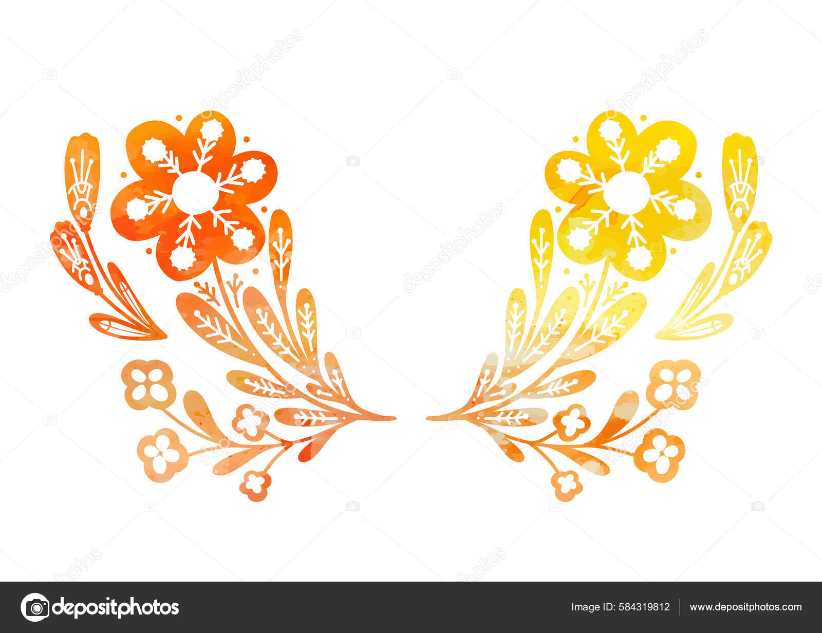 Yellow Watercolor Clipart Frame Flowers Stems Folk Art Ornaments Vector ...