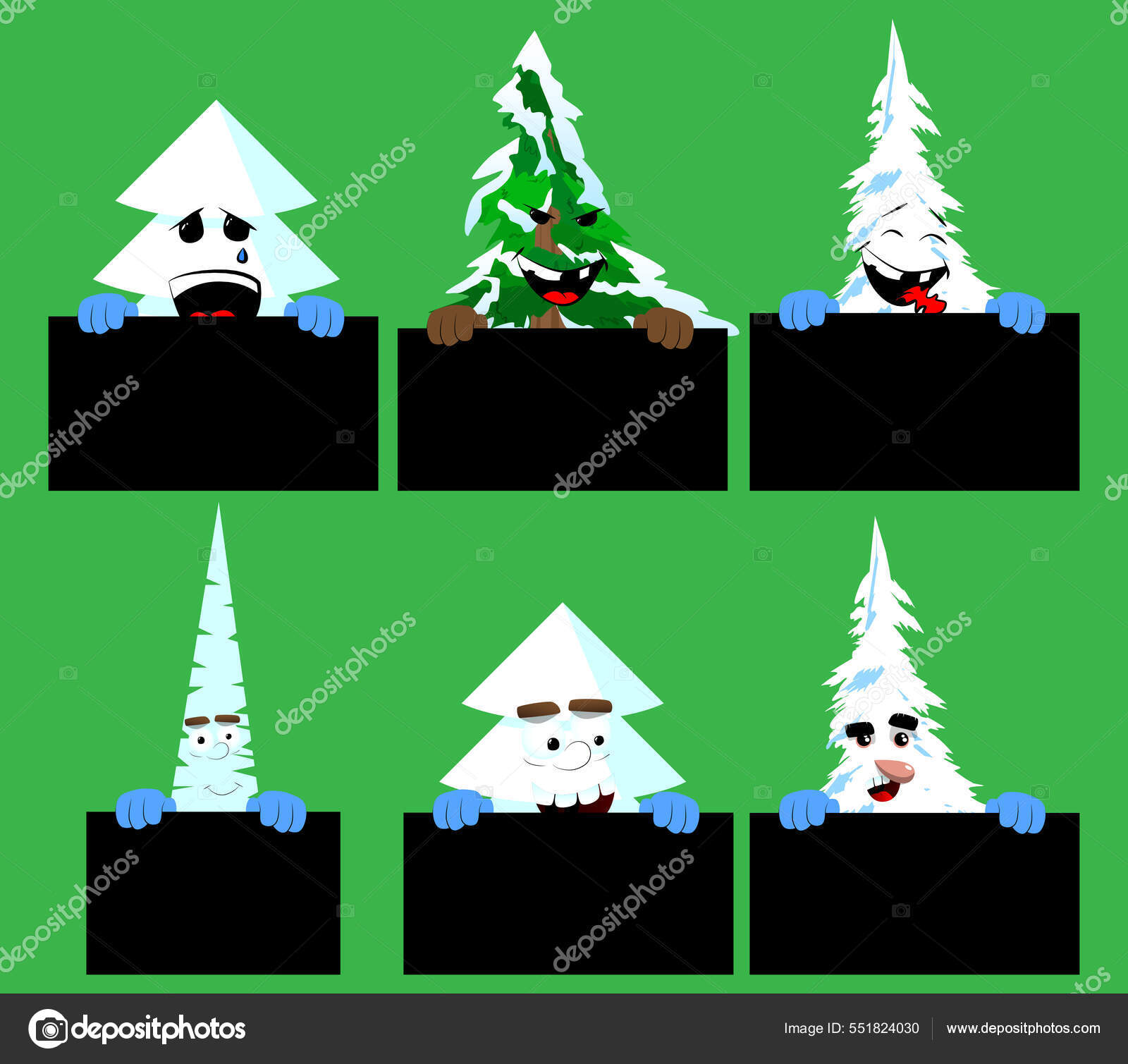 Pinos Invierno Dibujos Animados Con Caras Con Letreros Negros Vacíos ...