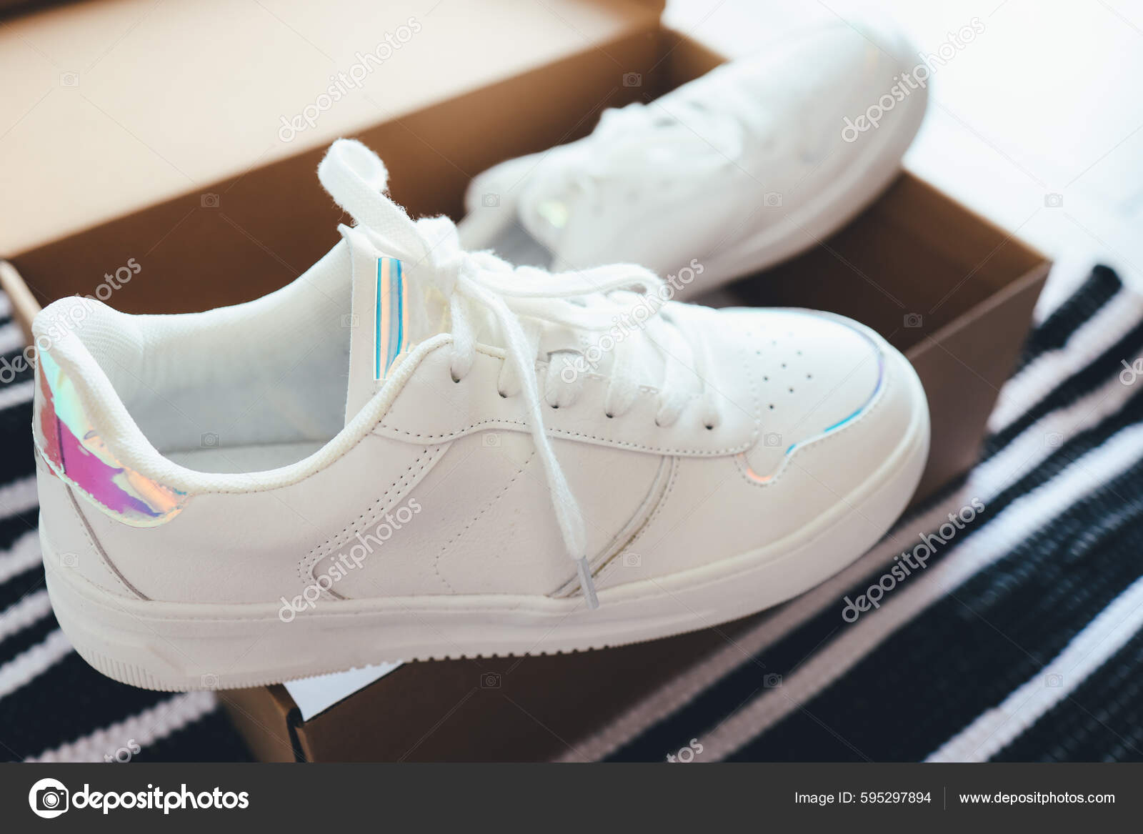 Women's Sneakers Open Shoe Box Unpacking Top View — Stock Photo ...