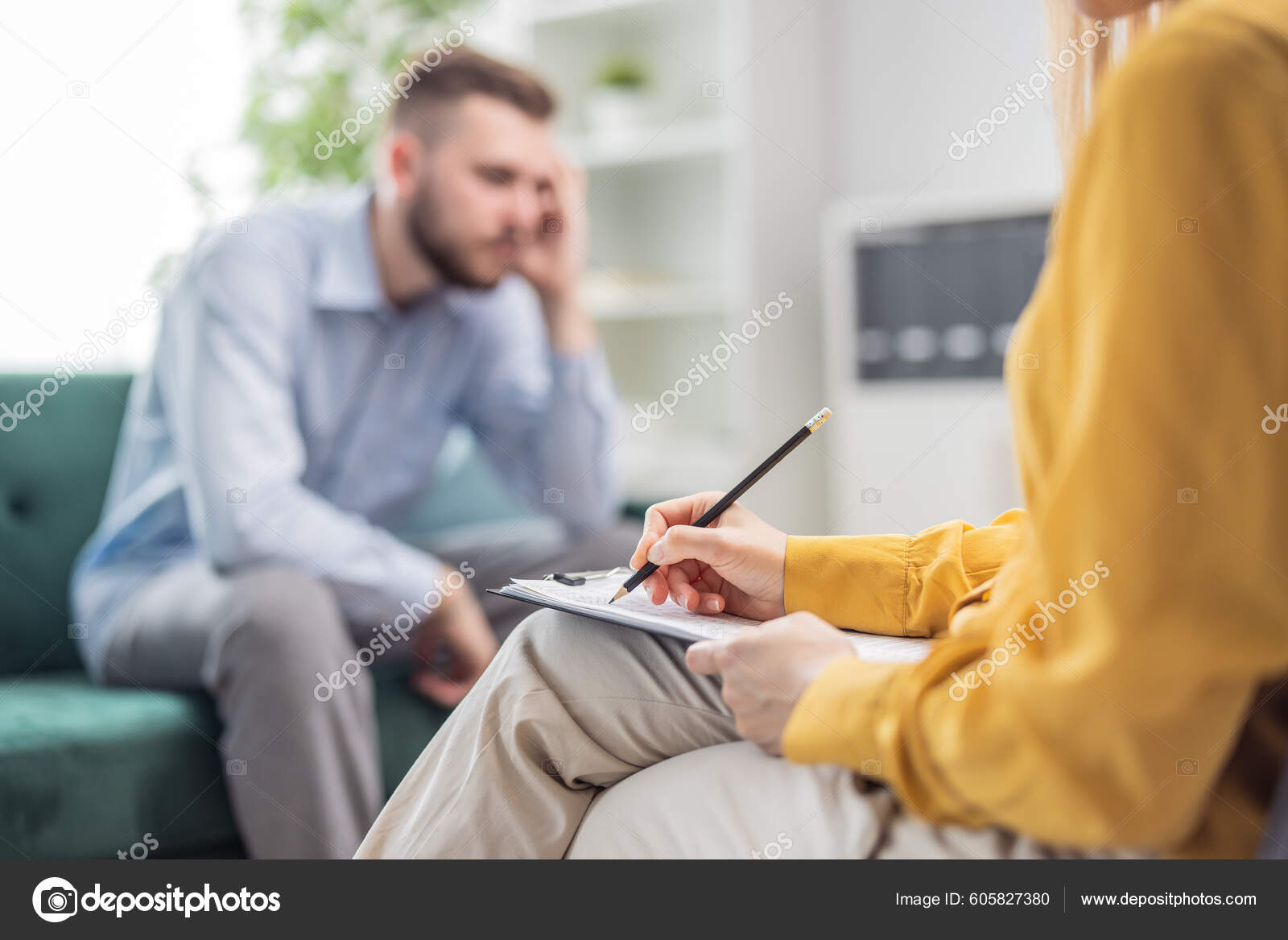 Psychologist Doctor Woman Making Notes Therapy Session Man Client ...