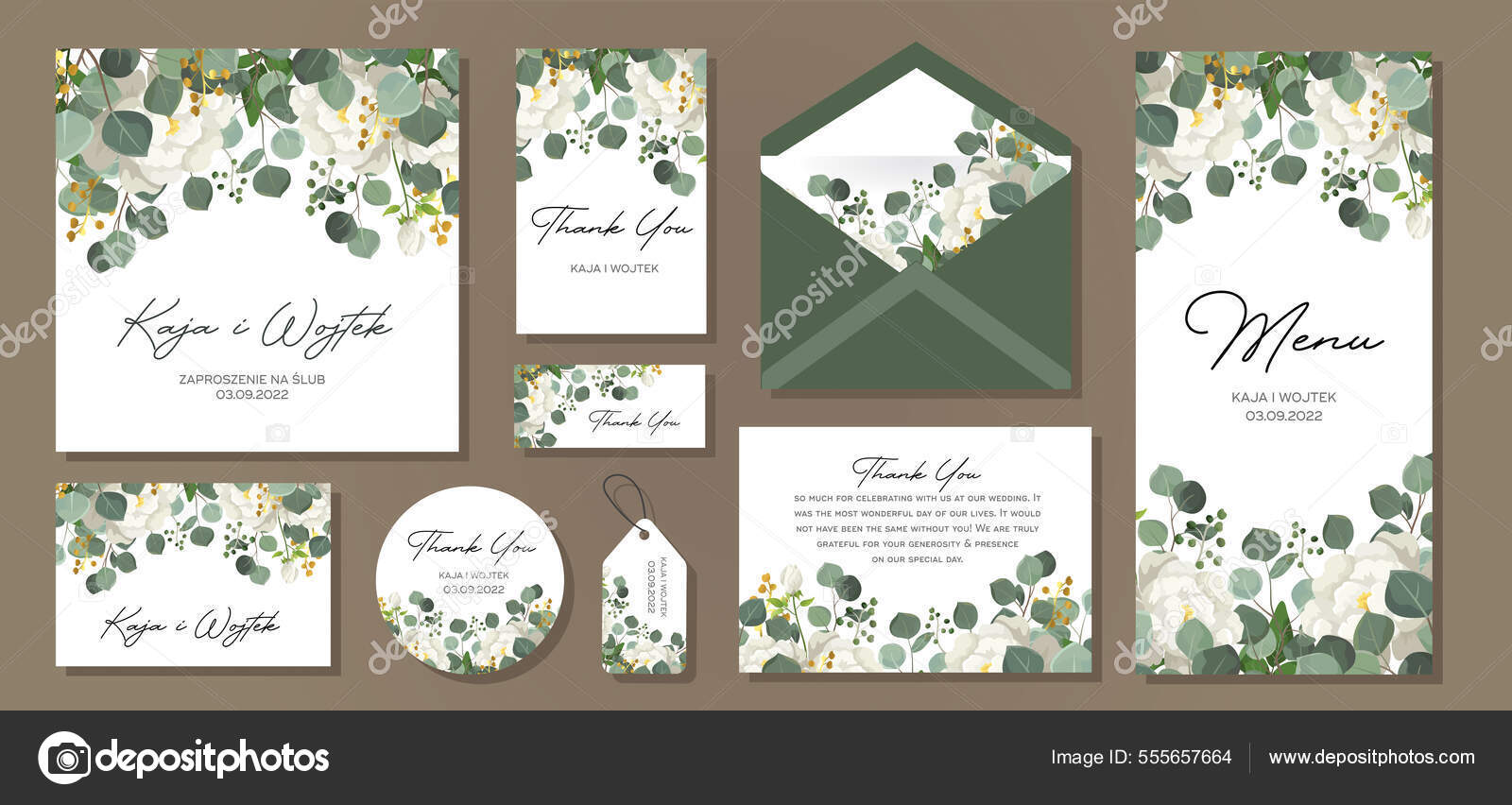 Wedding Invitation Menu Label Envelope Floral Design Green Watercolor ...