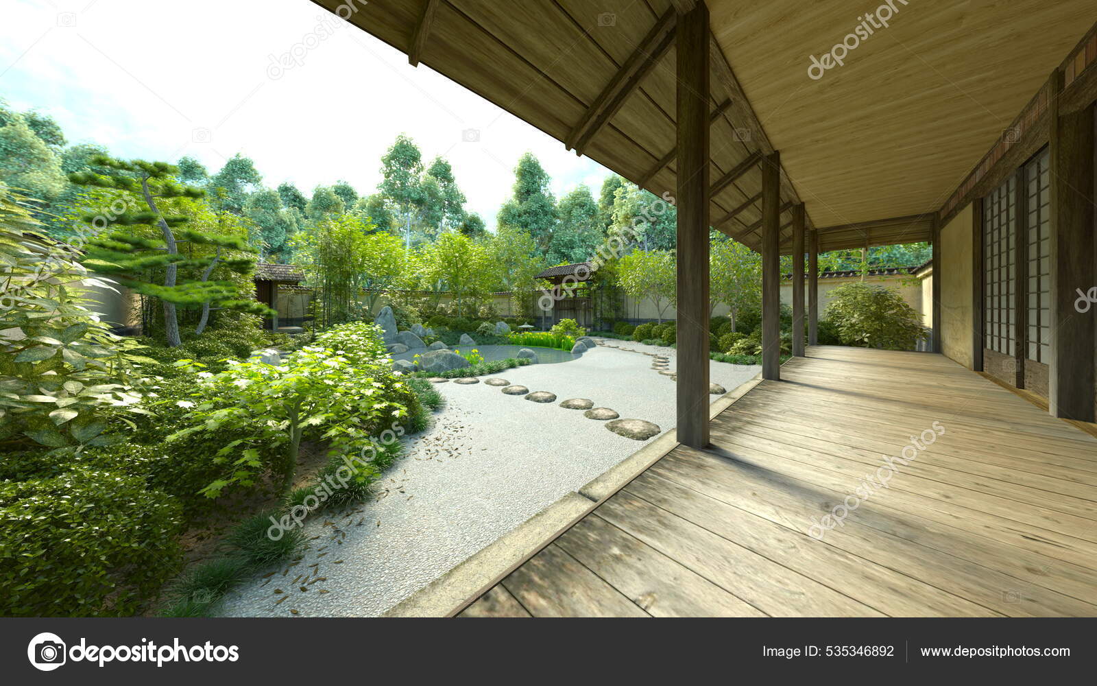 Rendering Japanese Style Inn Garden — Stock Photo © TsuneoMP #535346892