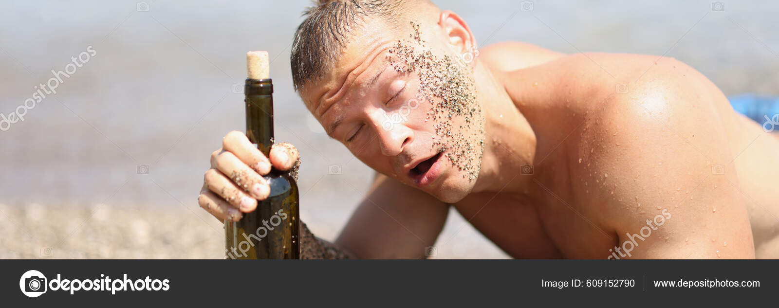 Drunk Man Bottle Wine Lies Beach Traveler Alcoholic Addiction Alcohol ...
