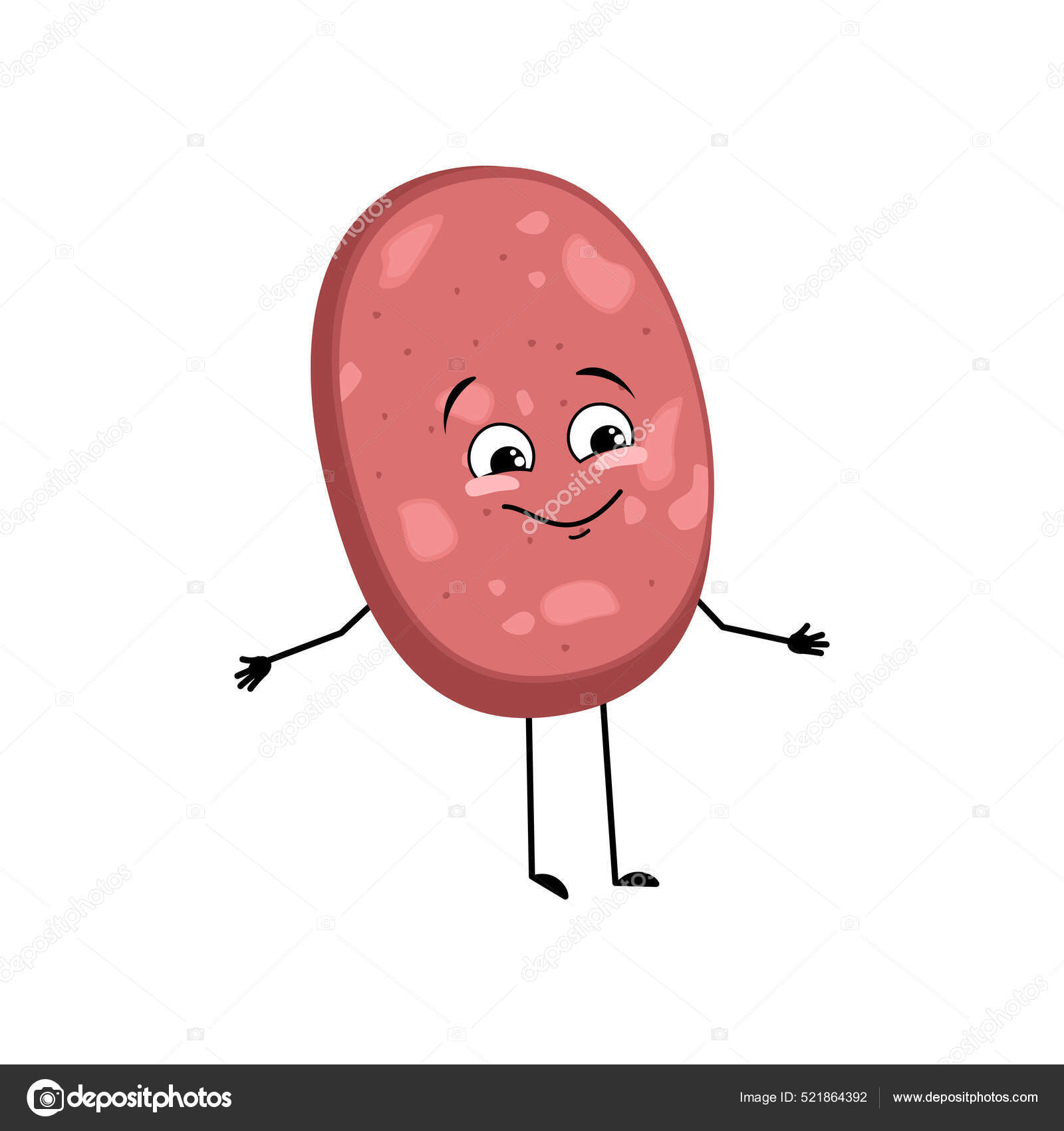 Cute sausage character with joyful emotions, happy face, smile, eyes ...