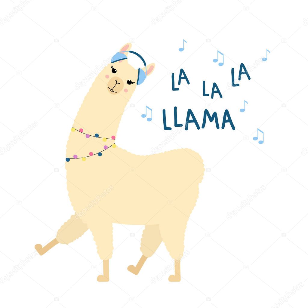 Linda llama caminando. Dibujos animados alpaca con auriculares y notas ...