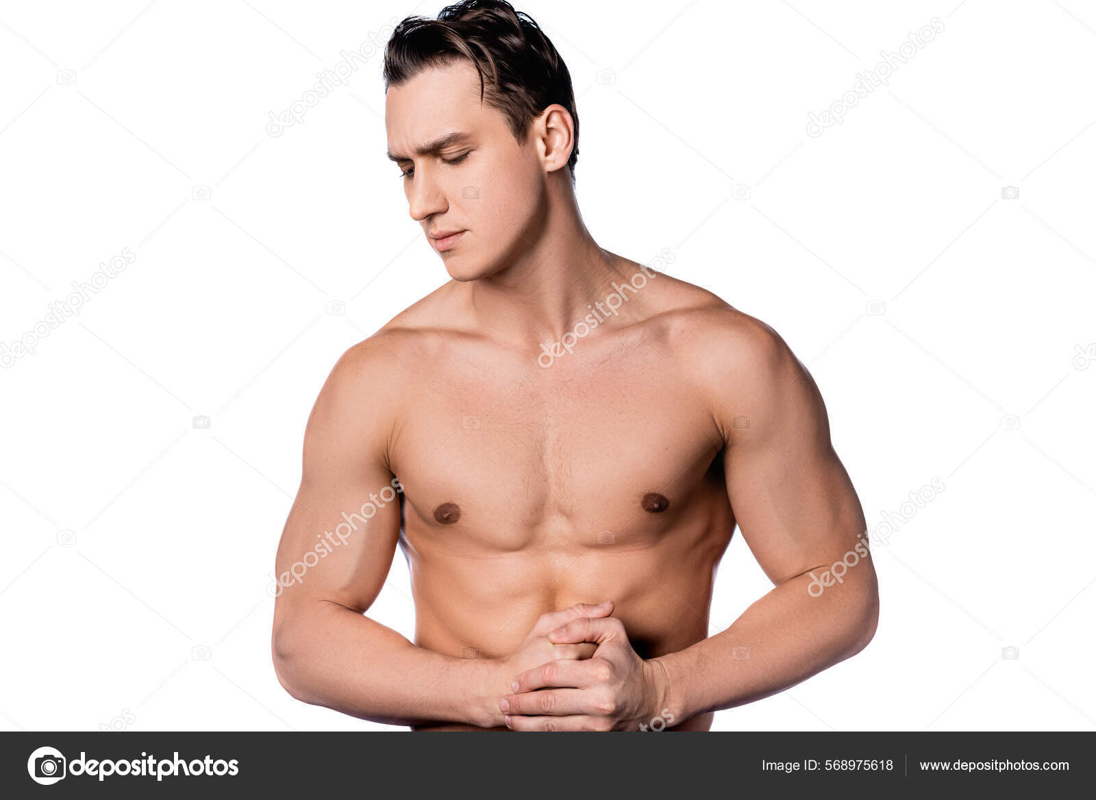 Brunette Shirtless Man Standing Clenched Hands Isolated White Stock ...