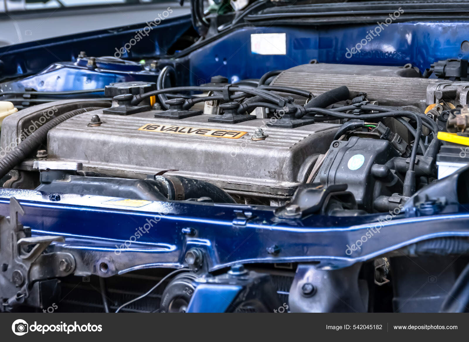 Car Engine Repaired Hood Opened Blue Car Auto Service Garage — Stock ...