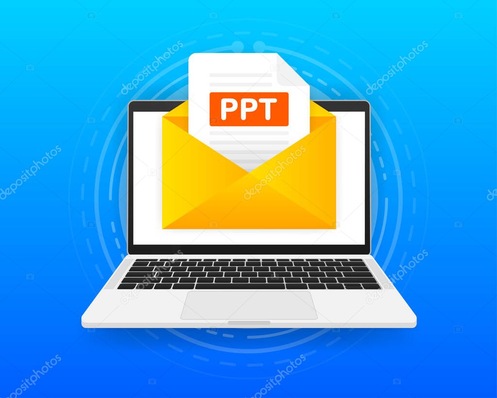 Computadora con sobre y archivo PPT. Computadora portátil y correo ...
