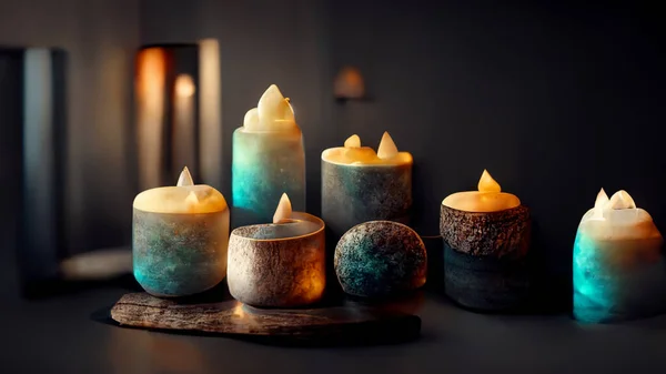 A beautiful assortment of lit candles in a small cosy room, dimensional ...
