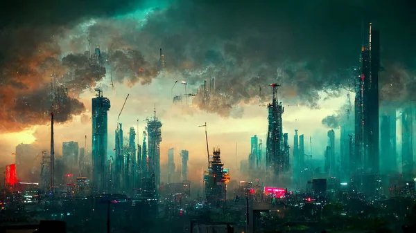 Beautiful, fantastical futuristic skyline with blade runner style ...