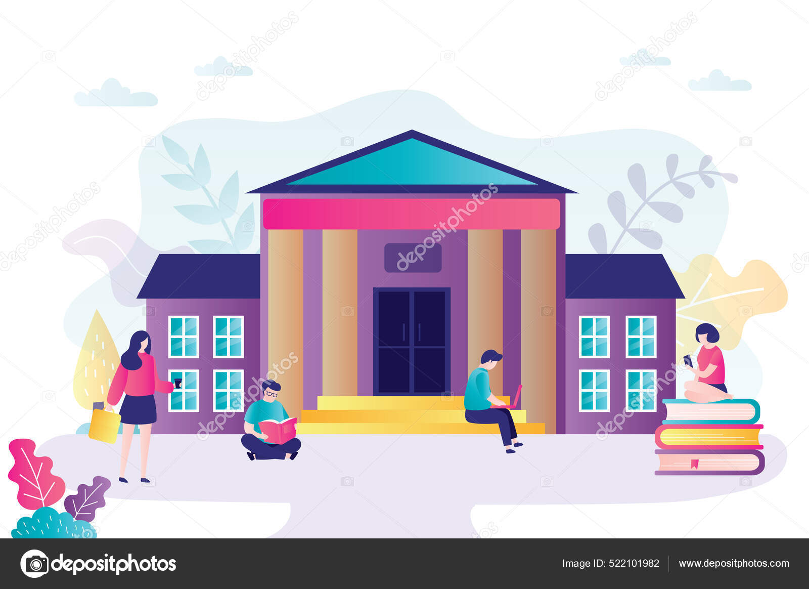 University College Building Multicultural Students Studying Relaxing ...