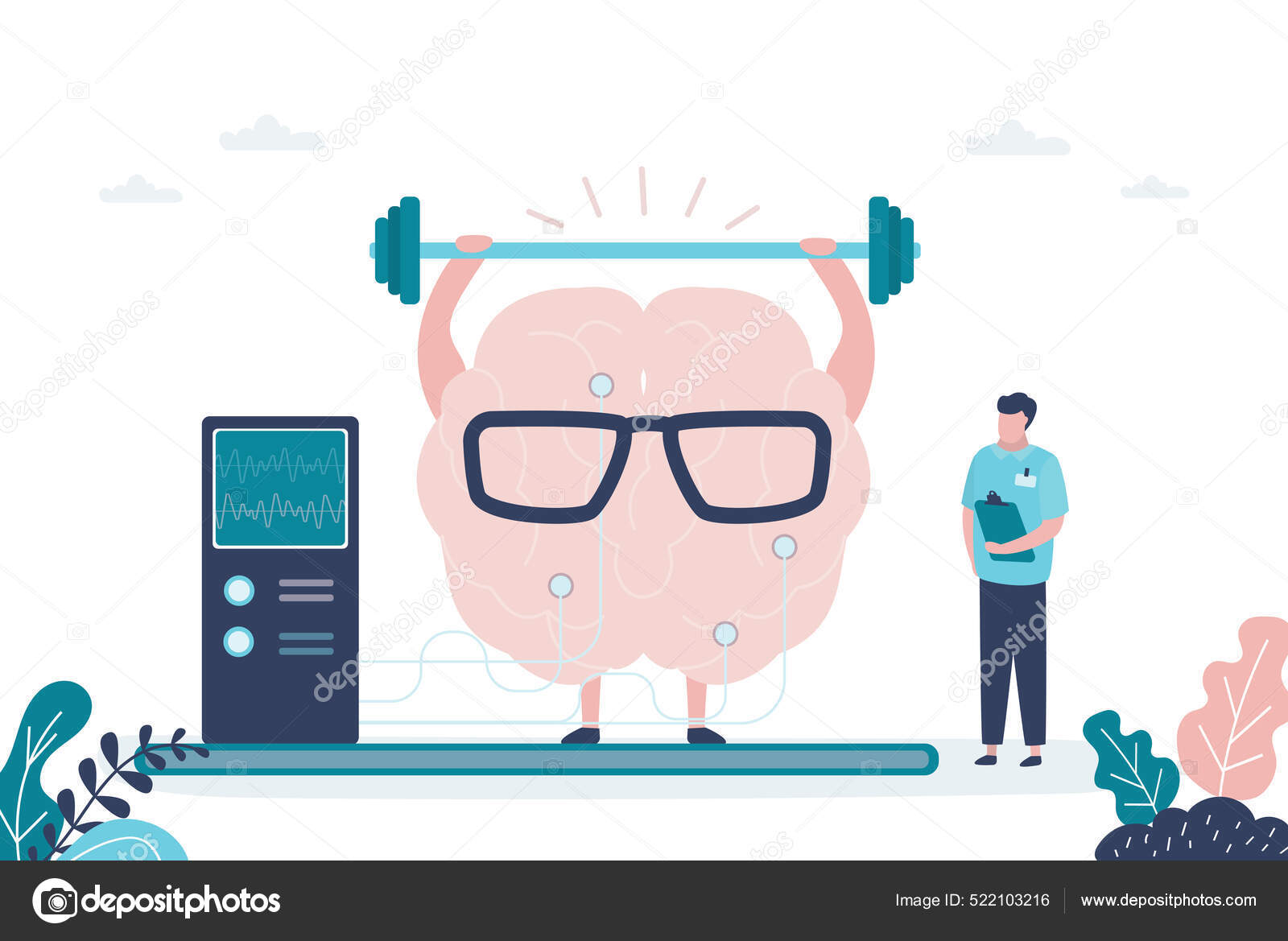 Male Doctor Monitors Brain Training Brain Raises Heavy Weight Bar Stock ...
