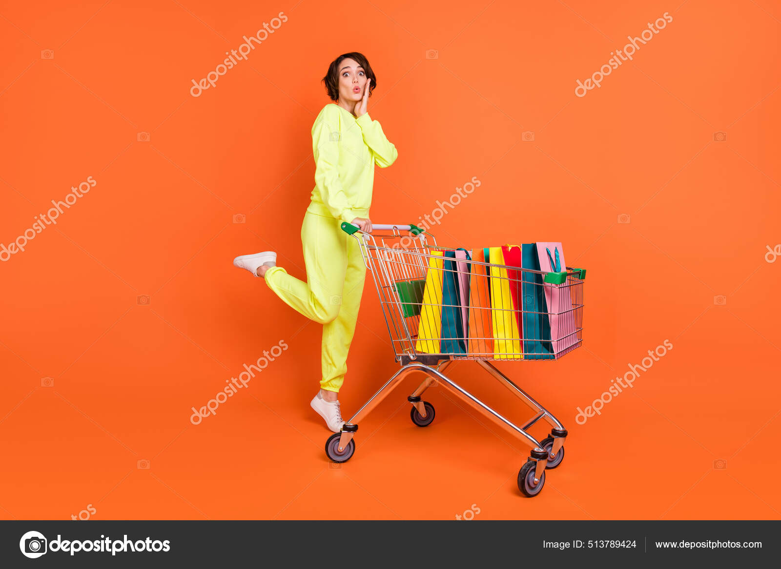 Full length body size view of nice amazed funny girl carrying cart bags ...