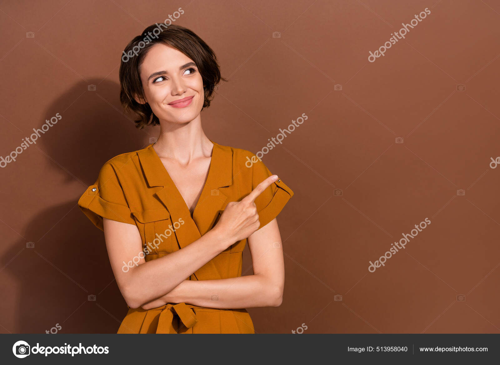 Photo of dreamy charming young lady wear casual clothes pointing ...