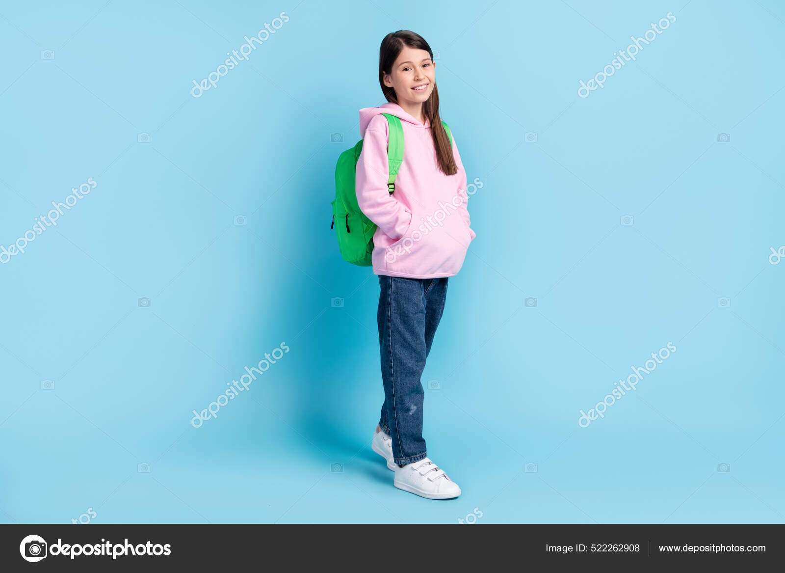 Full length body size profile side view of attractive cheerful girl ...